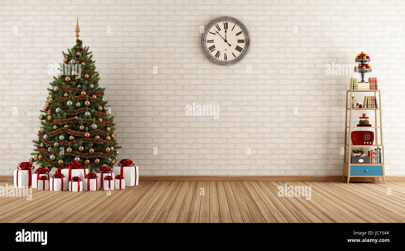 Empty vintage room with little bookshelves and christmas tree ...