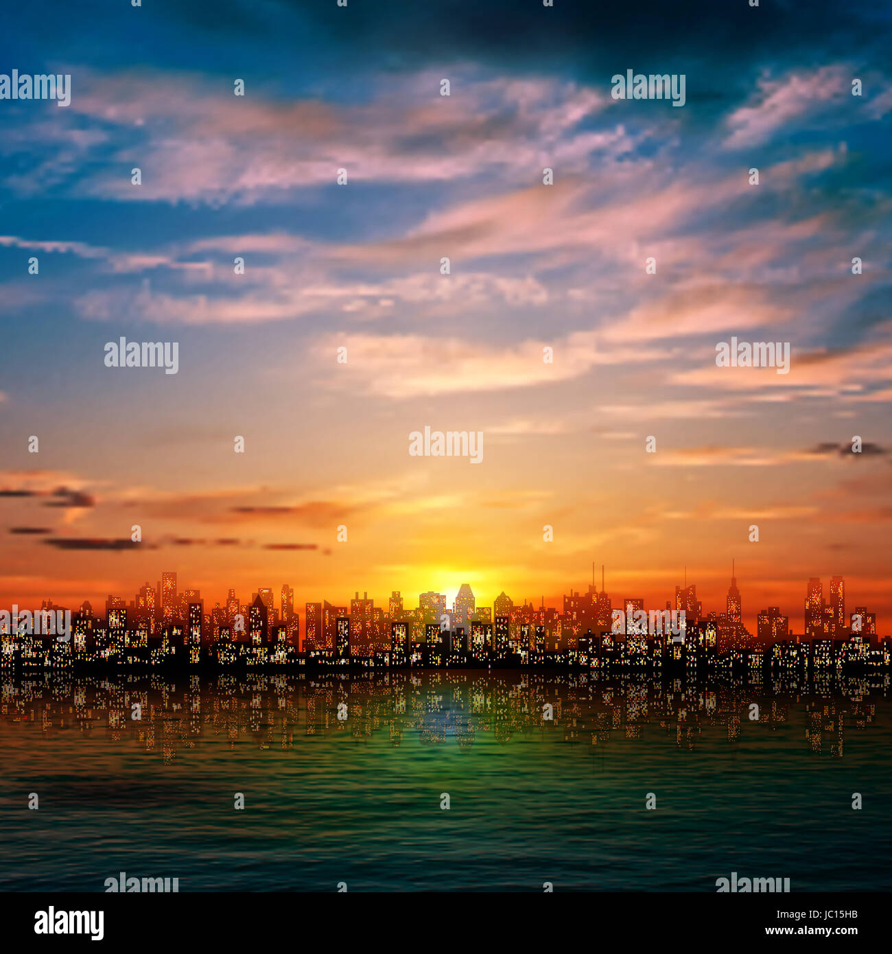 abstract nature background with panorama of city clouds and sunset ...