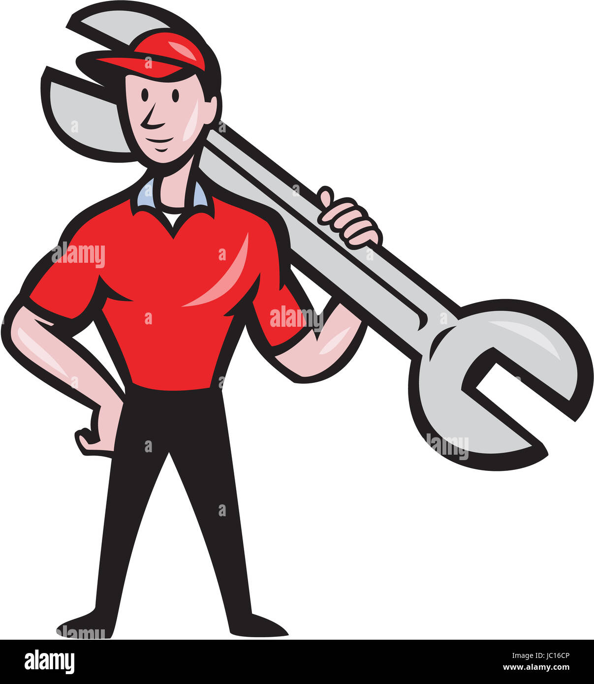 Illustration of a mechanic holding spanner wrench over shoulder facing ...