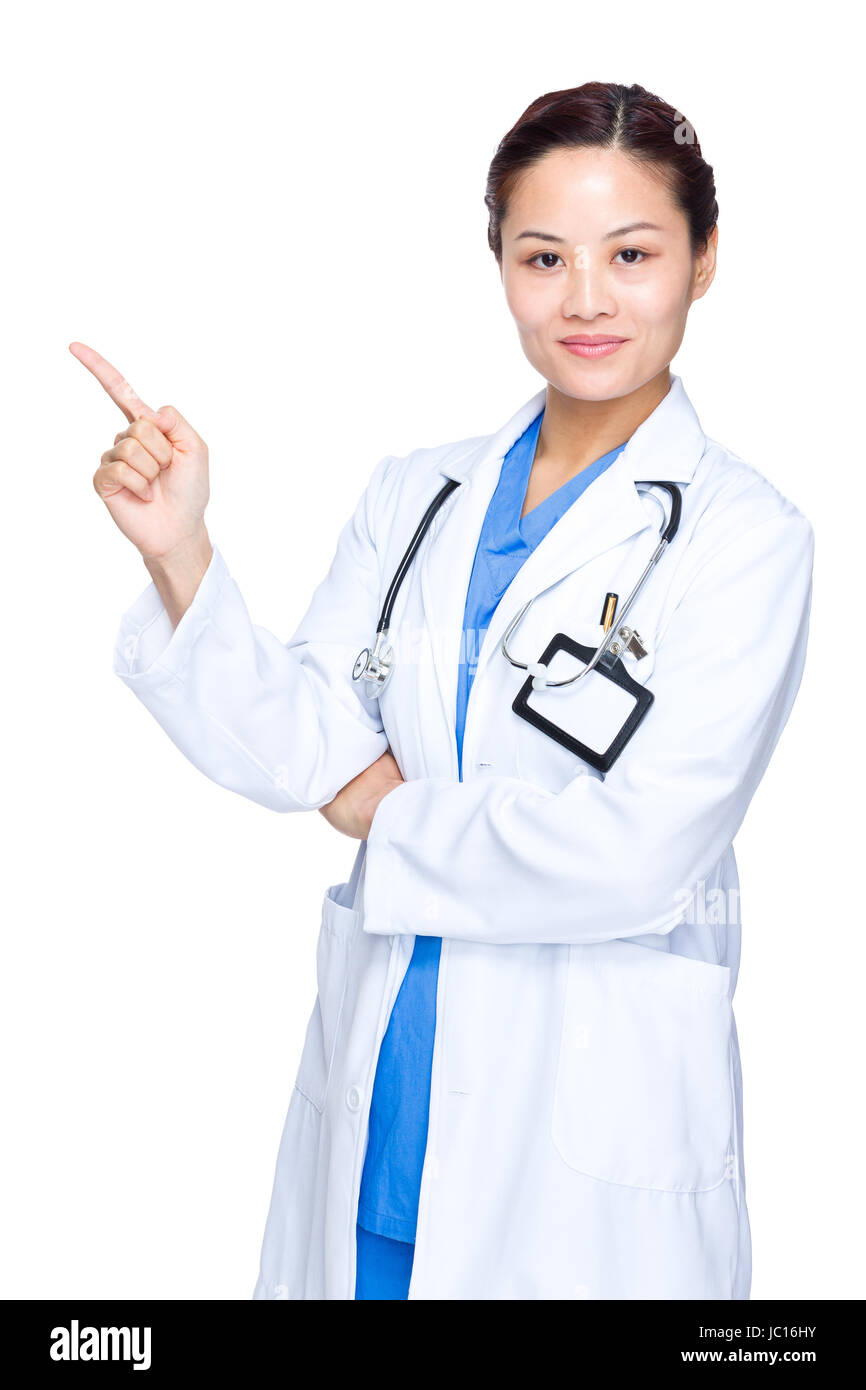 Woman doctor with finger up Stock Photo - Alamy