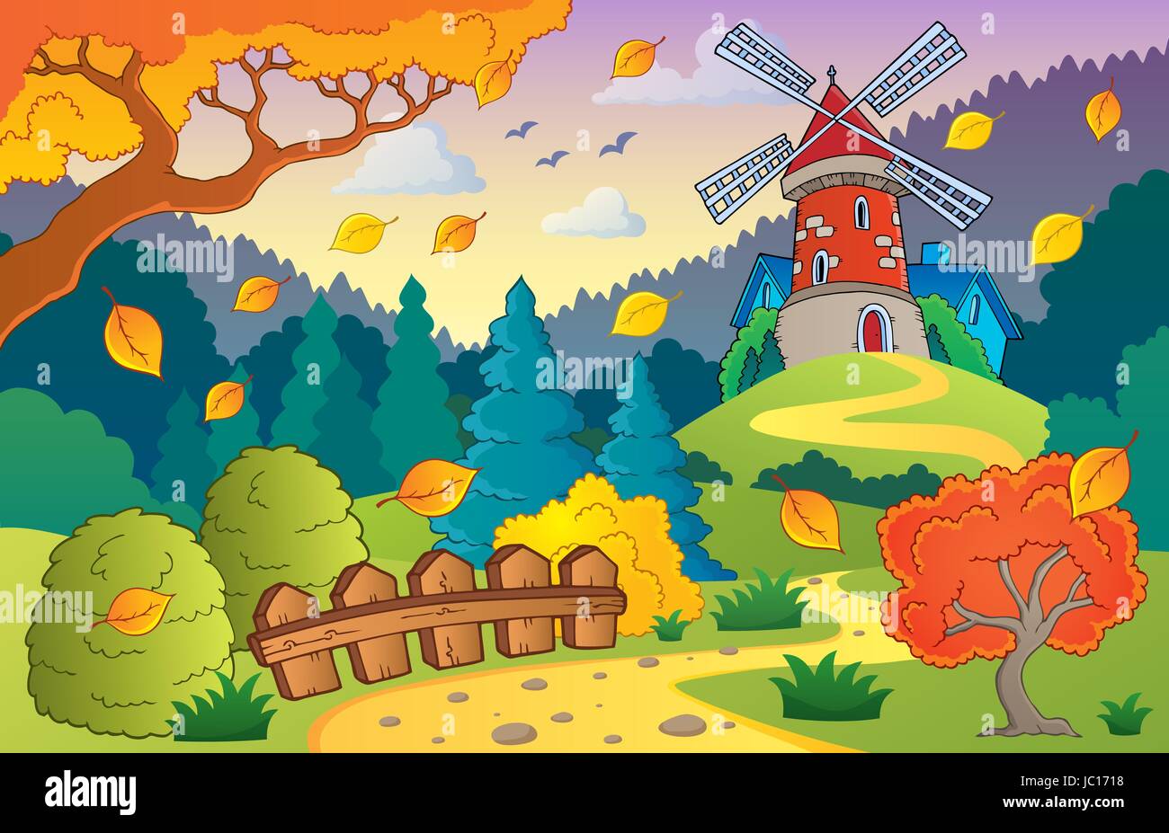 Autumn landscape with windmill 1 - picture illustration Stock Photo - Alamy