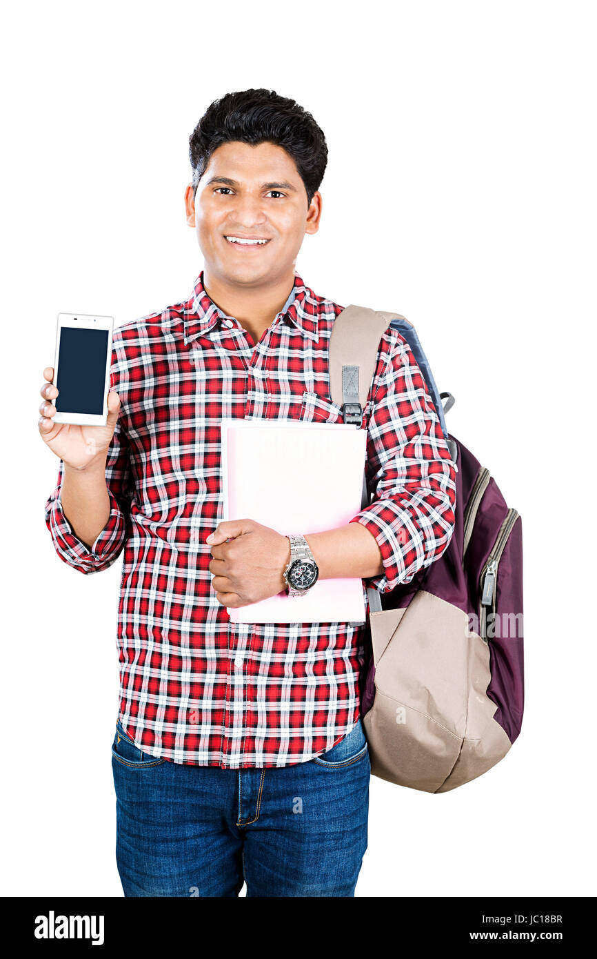 Young Man College Student Showing Cellphone Presentating Stock Photo ...