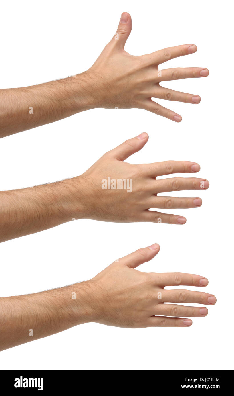 Three open hands on differents possitions. Isolated on white background ...