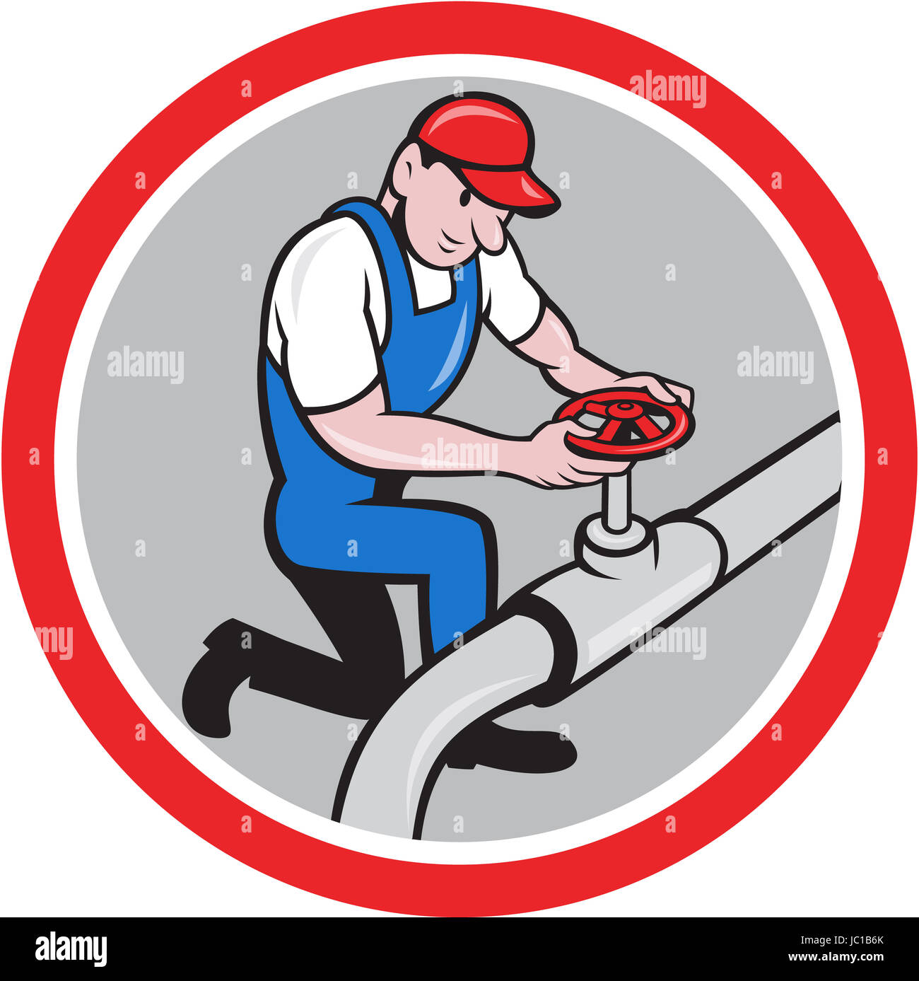 Illustration of a plumber pipe worker turning on pipeline flow set ...