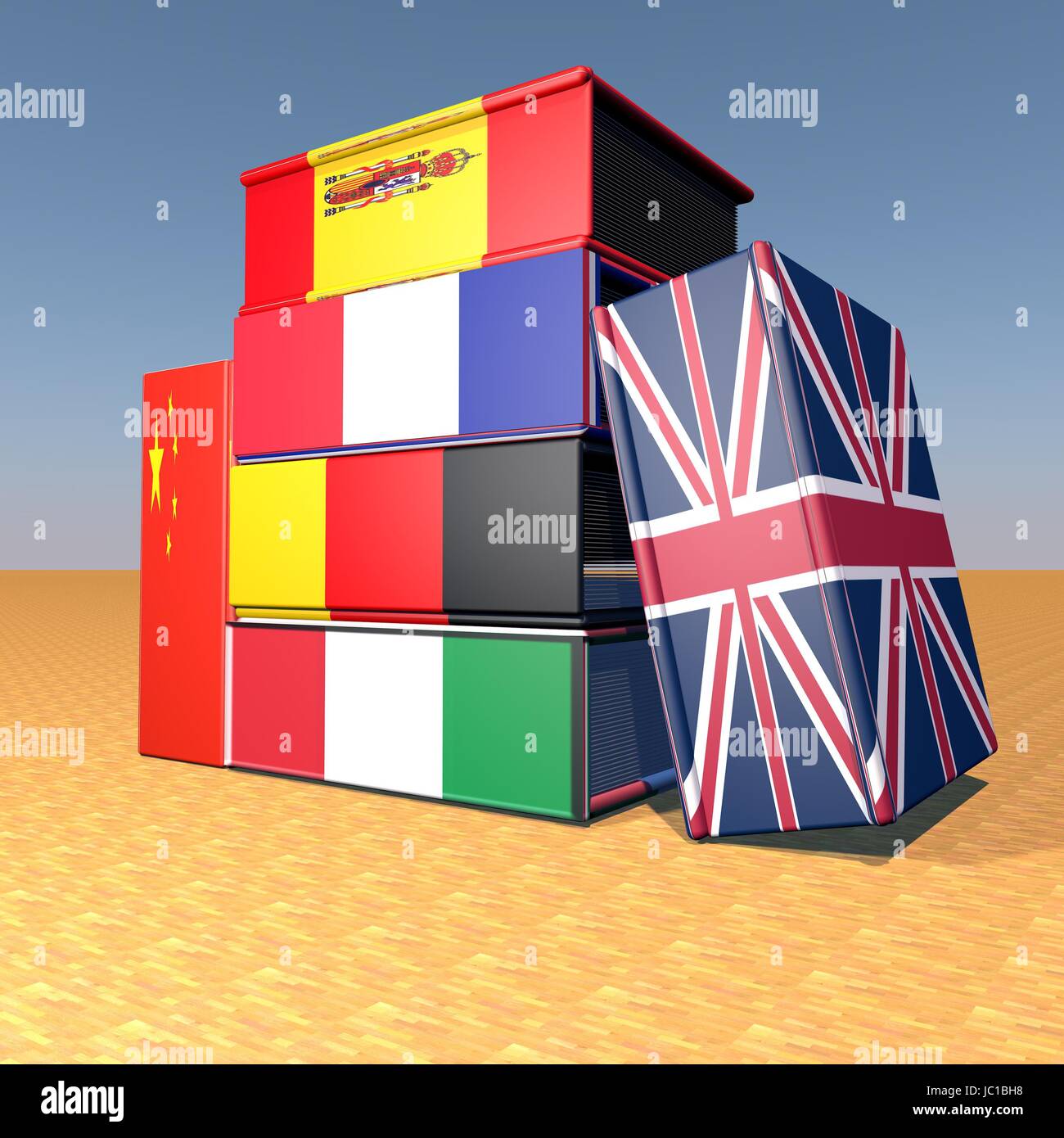 Books with flags on cover, 3d render Stock Photo - Alamy