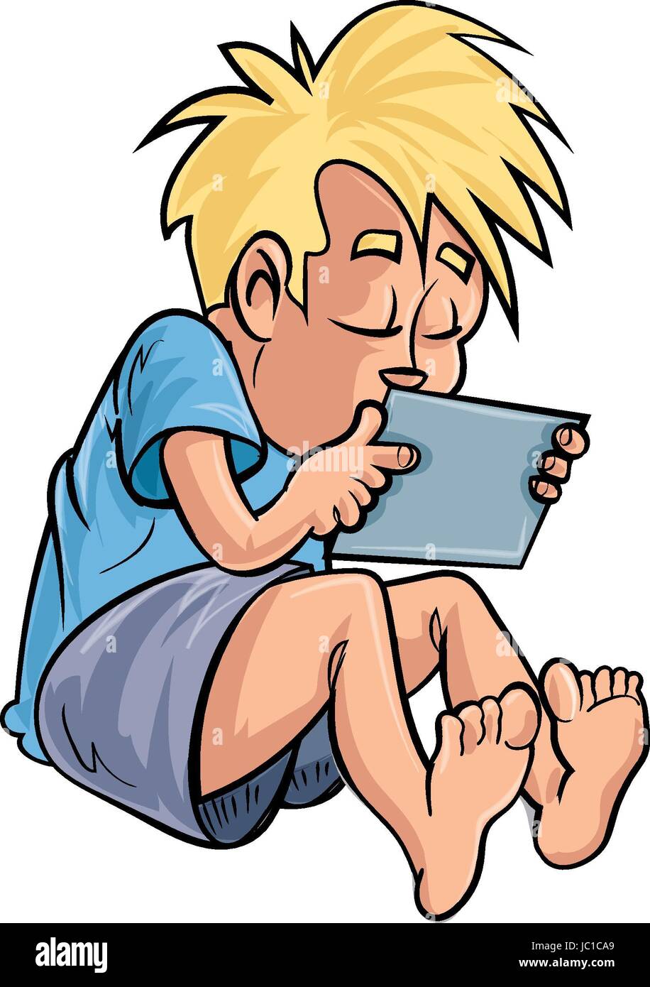 Cartoon boy playing on his tablet computer. Isolated Stock Photo - Alamy