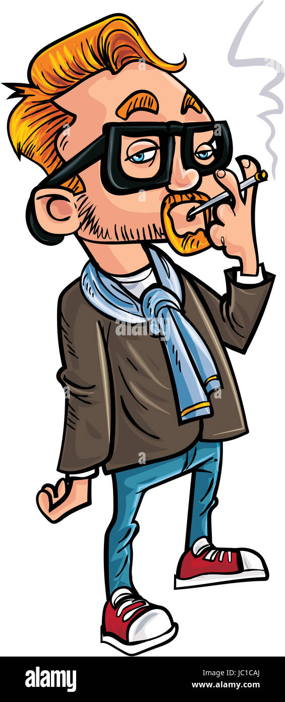 Cartoon hipster smoking a cigarette. Isolated on white Stock Photo - Alamy