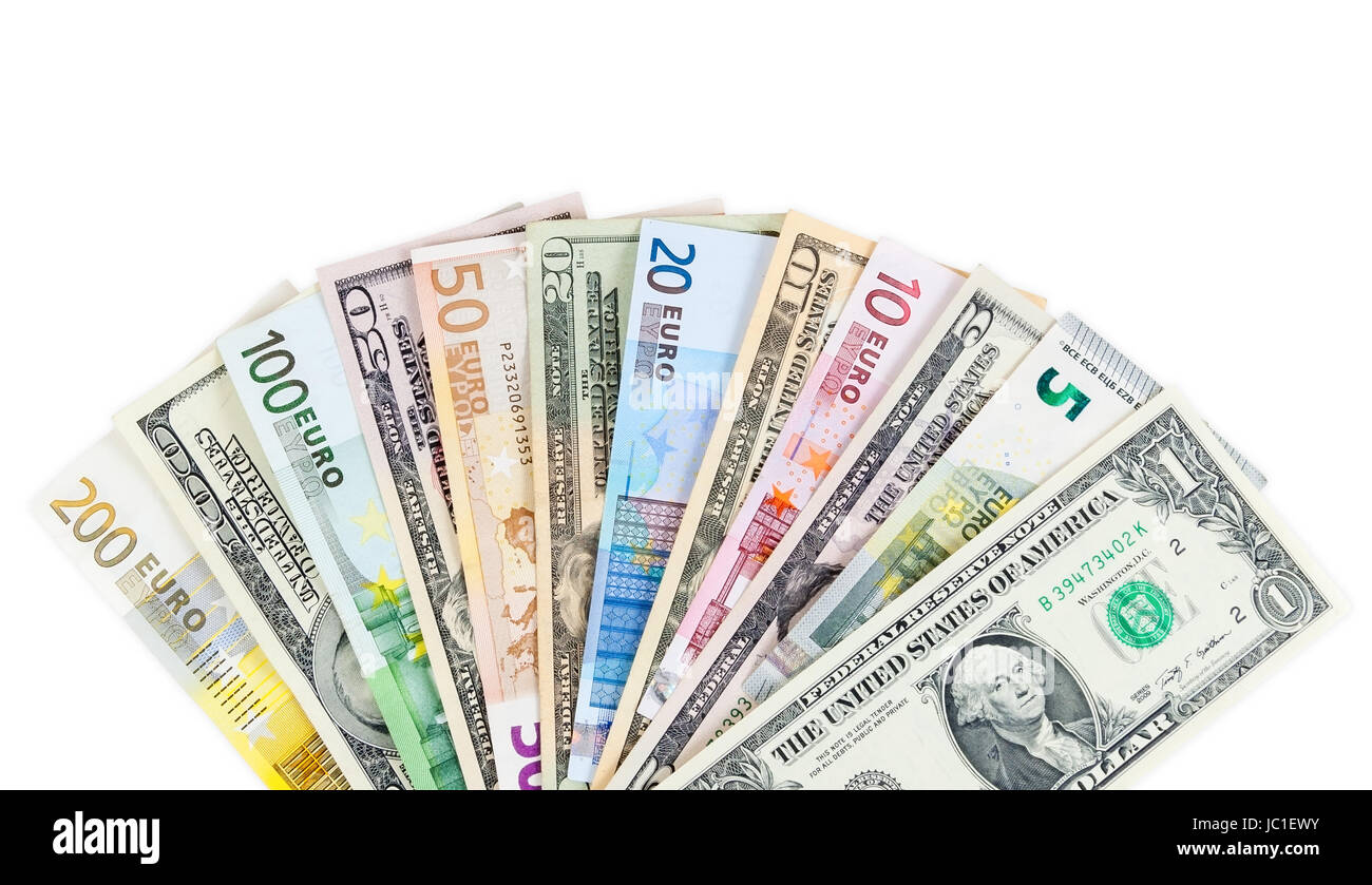 Dollar and euro banknotes isolated on white background with clipping ...