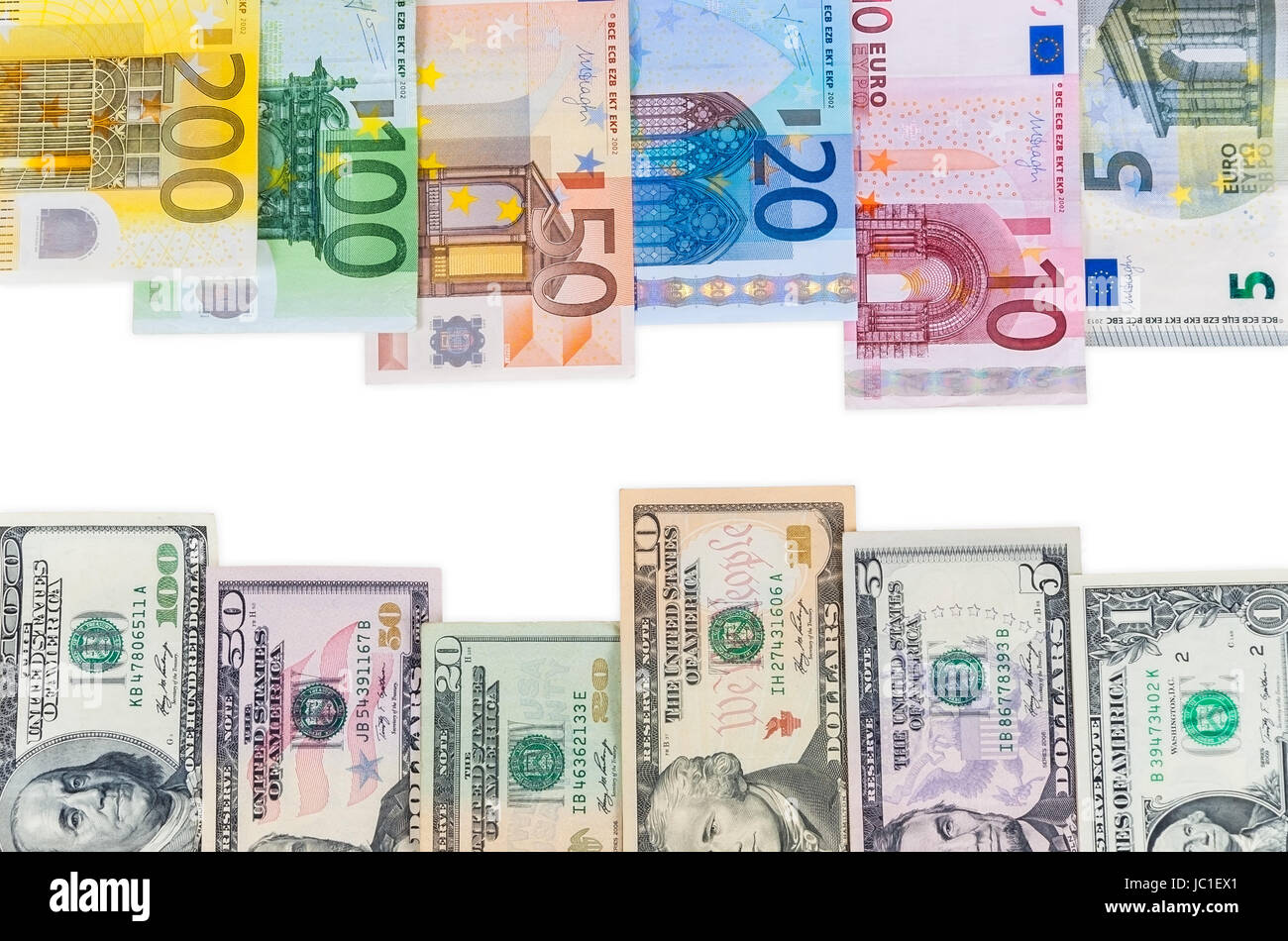 Dollar and euro banknotes isolated on white background with clipping ...