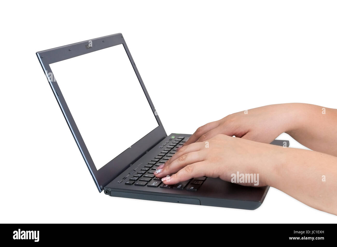 Female hands working on laptop isolated on white background with ...
