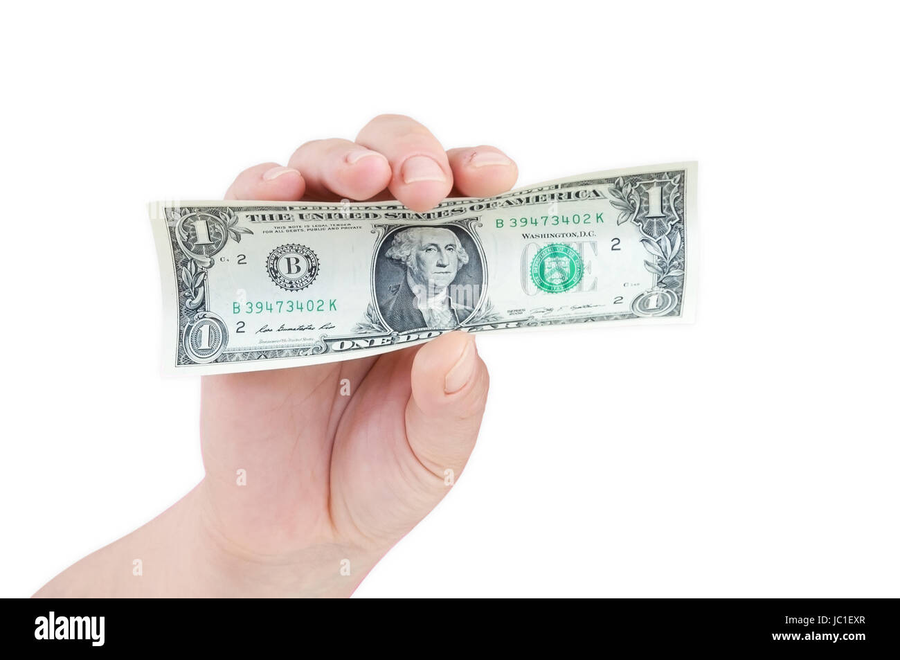 Hand holding 1 dollar banknote isolated on white background with ...