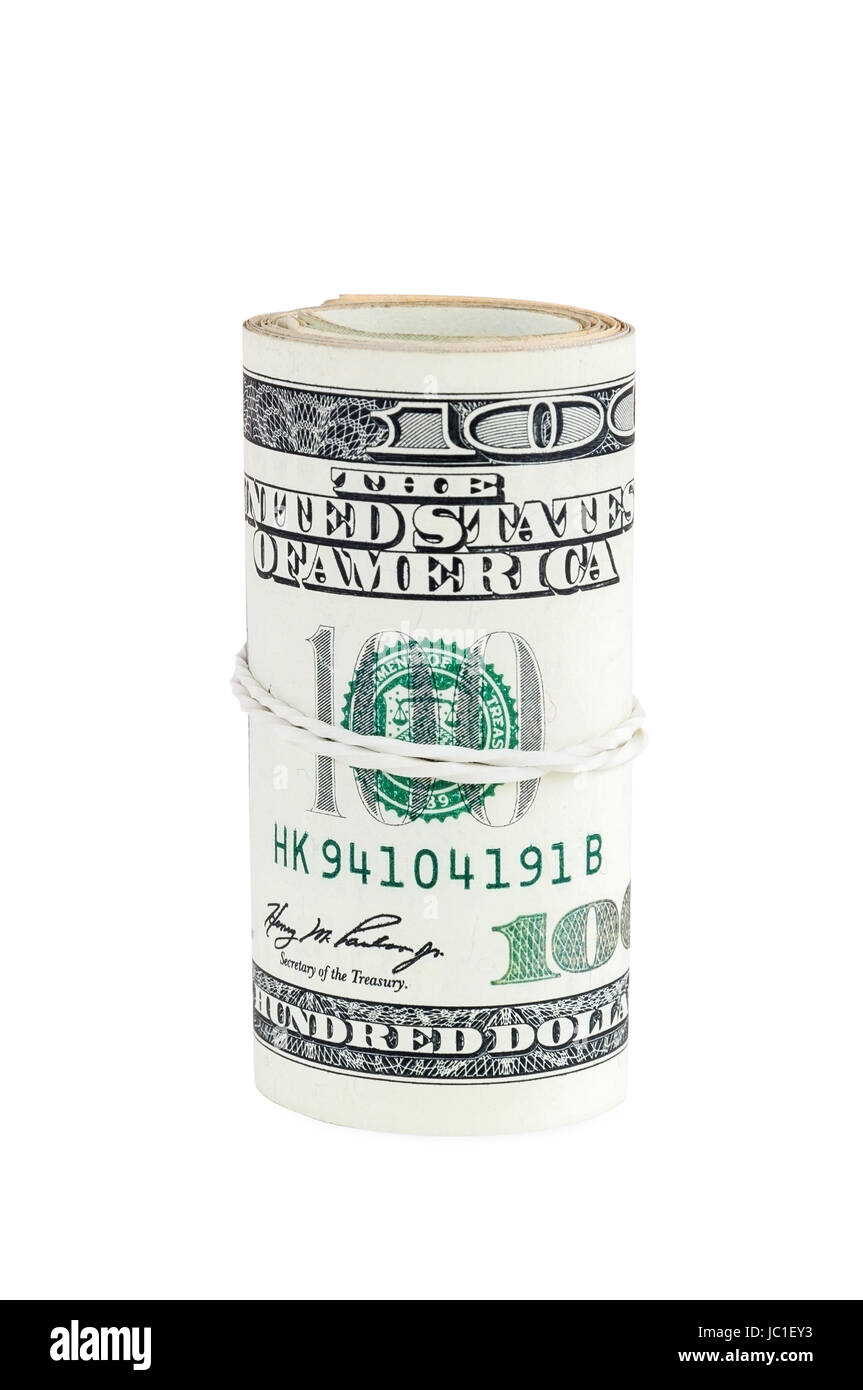 Rolled banknotes of 100 dollars isolated on white background with ...
