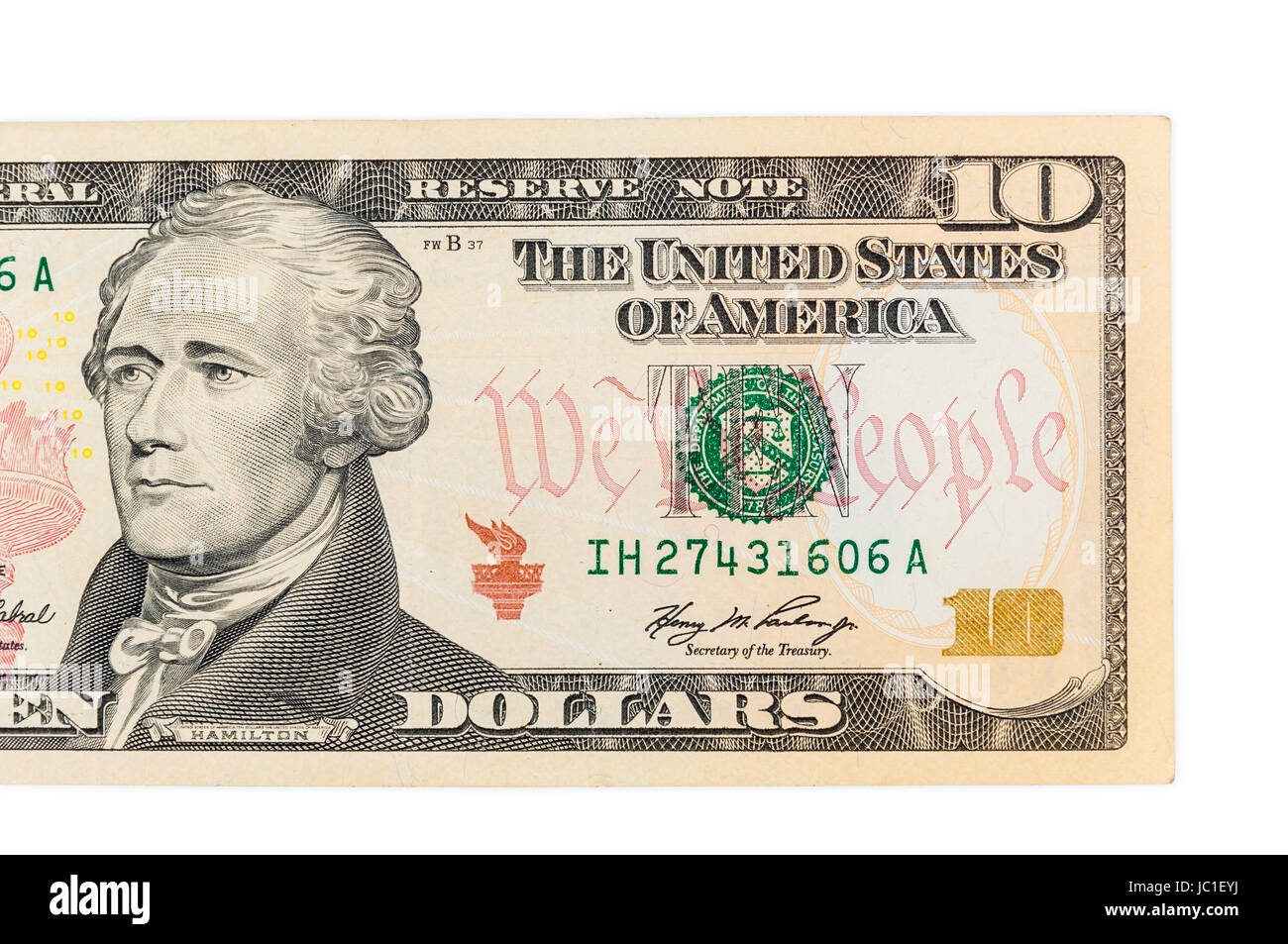 Part of ten dollars banknote isolated on white background with clipping ...