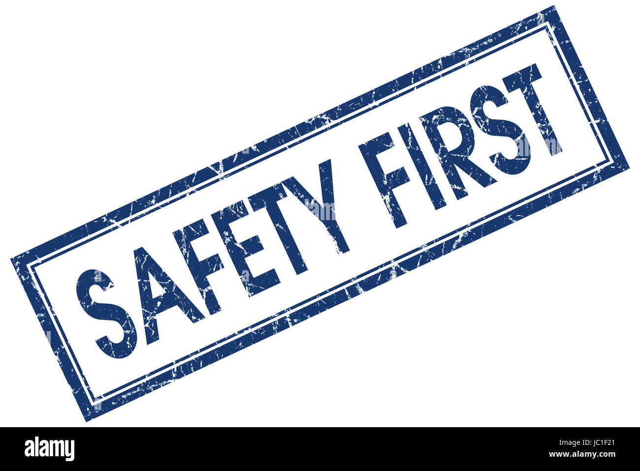 Safety first blue square grungy stamp isolated on white background ...