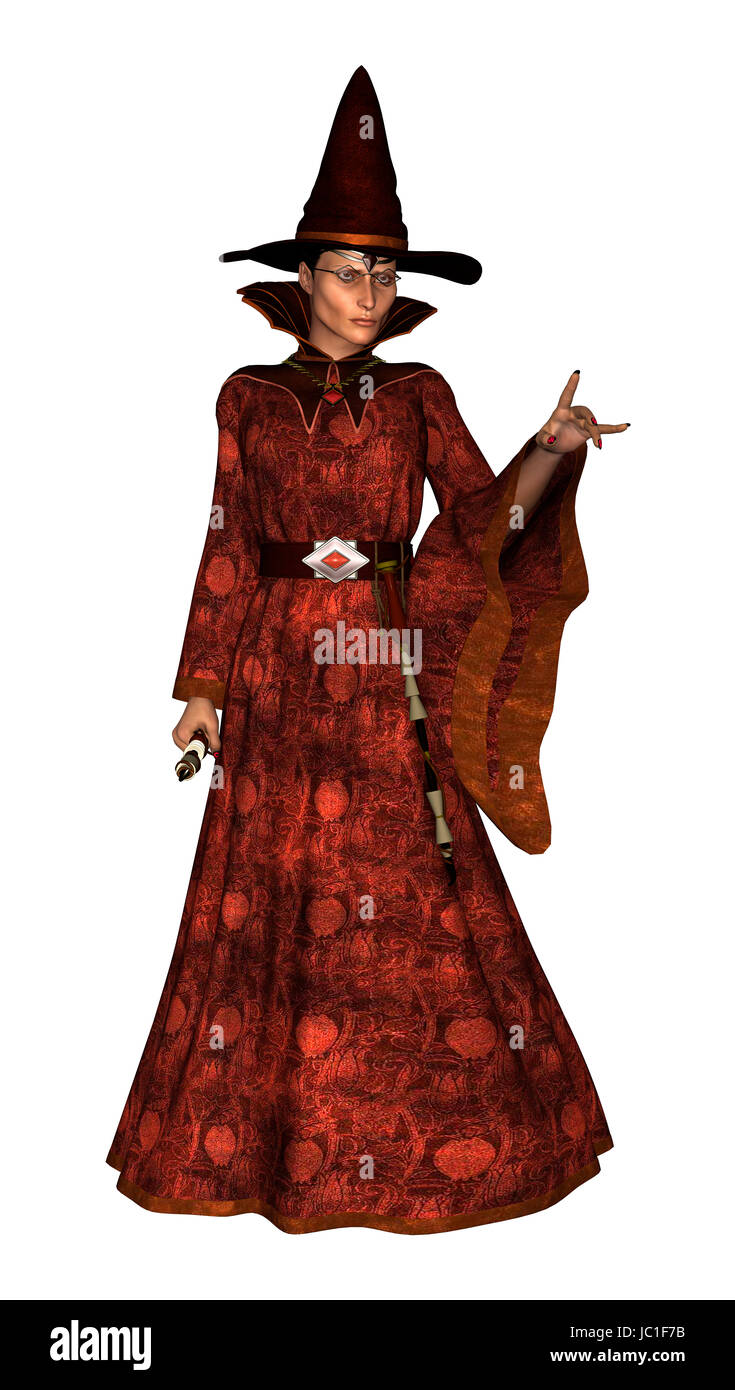 3D digital render of a fantasy female wizard in a red tunic isolated on ...