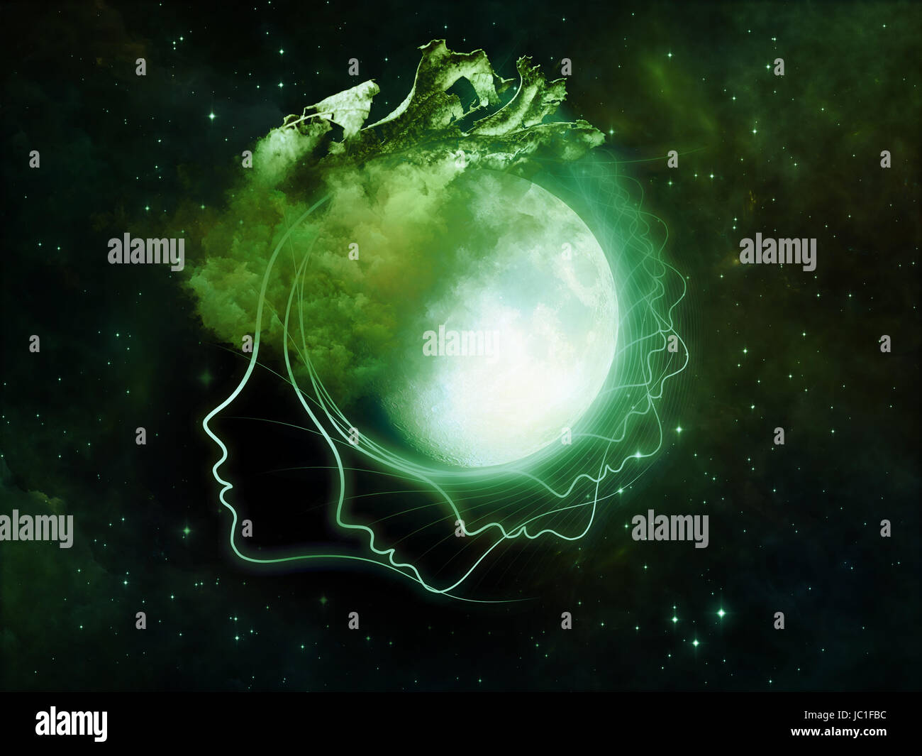 Inner Moon series. Composition of moon, human profile and design ...
