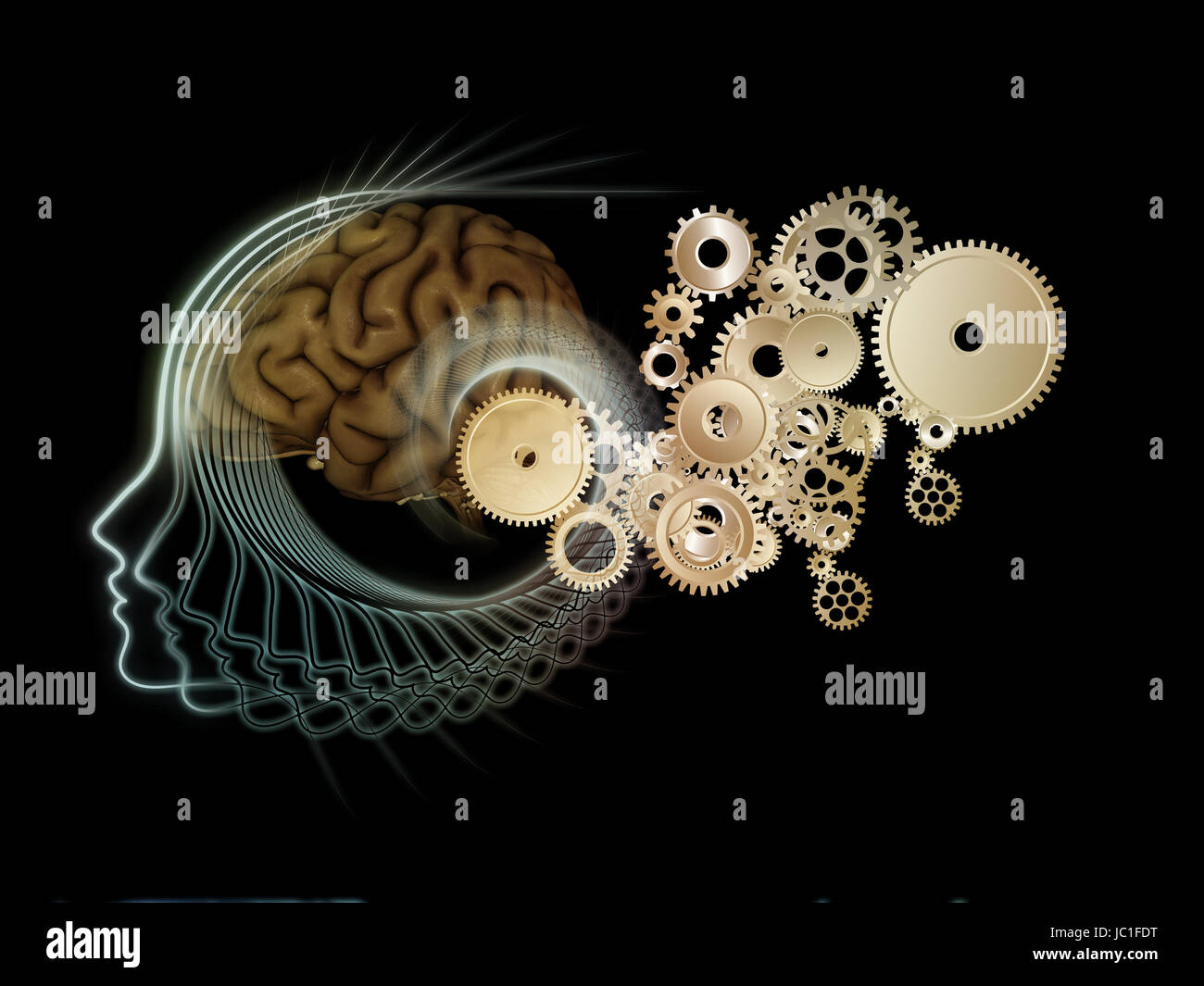 Human Mind series. Creative arrangement of brain, human outlines and ...