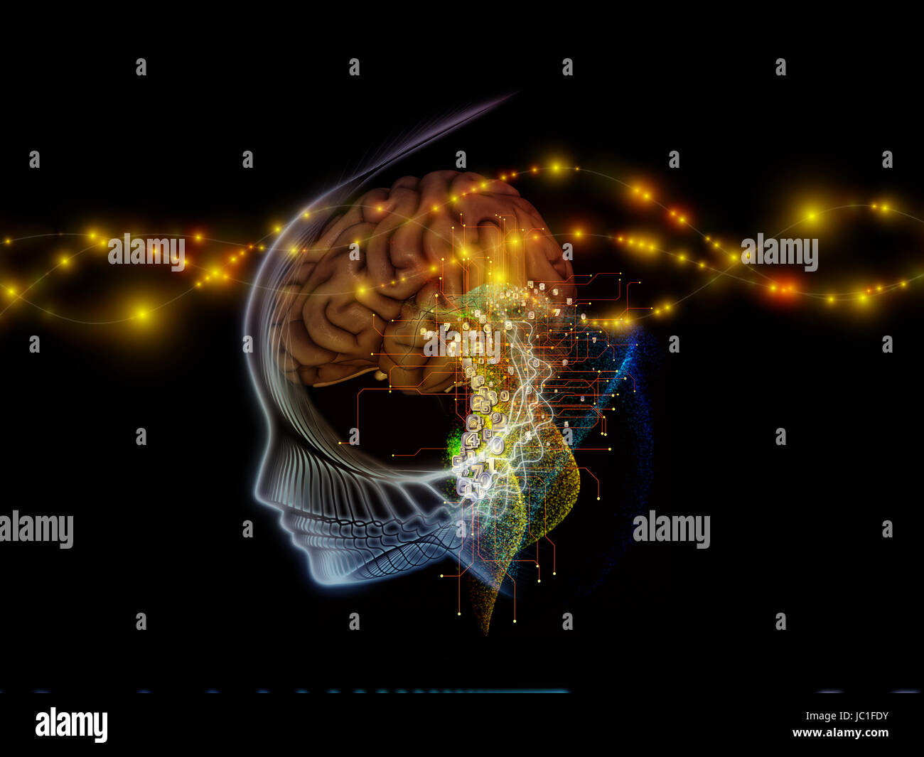 Human Mind series. Creative arrangement of brain, human outlines and ...