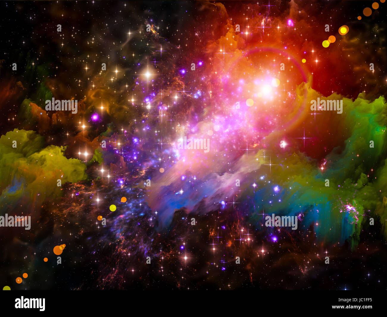 Colors in Space series. Backdrop of colorful clouds and space elements ...