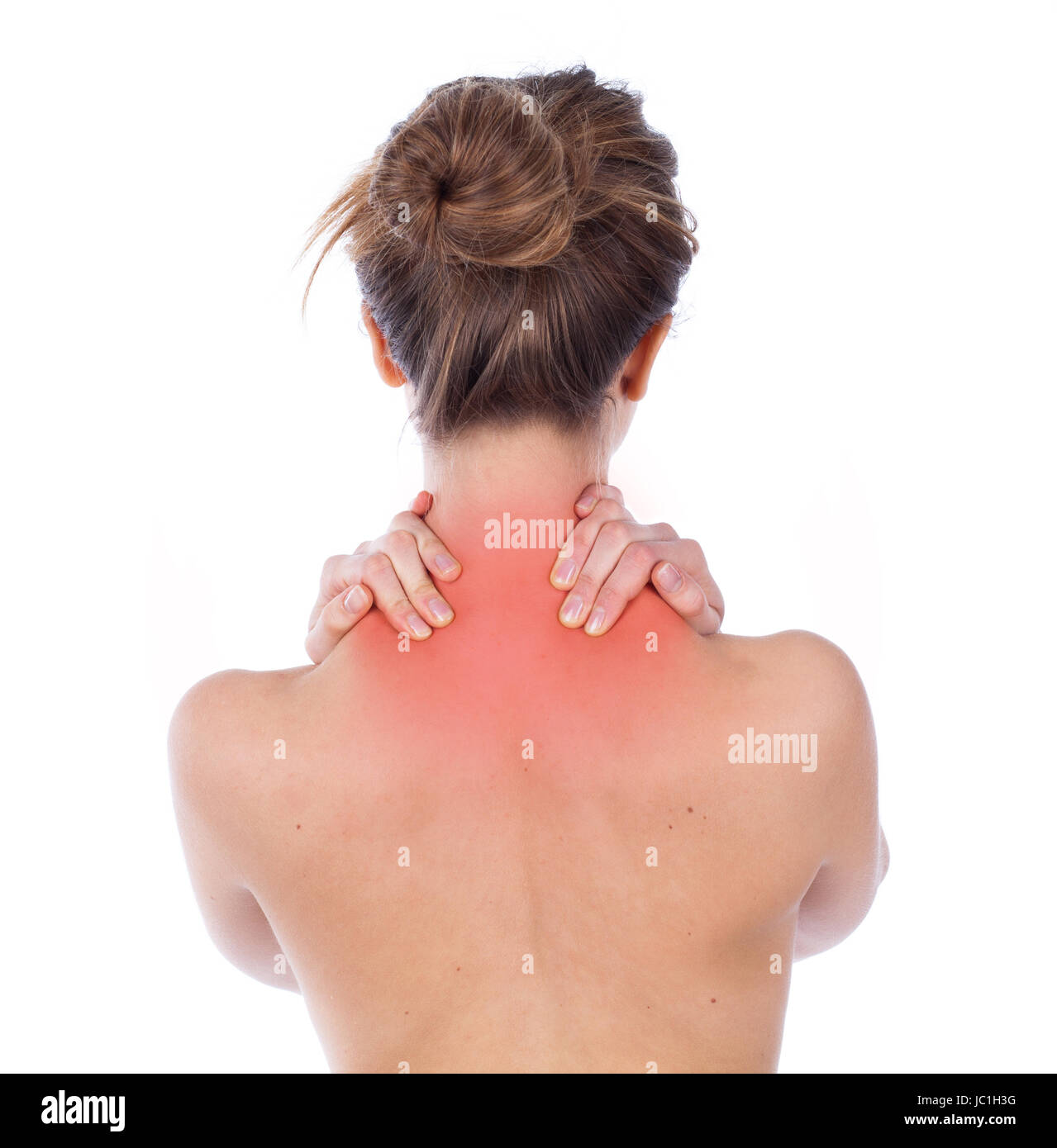 Woman suffering from upper back, isolated on white Stock Photo - Alamy