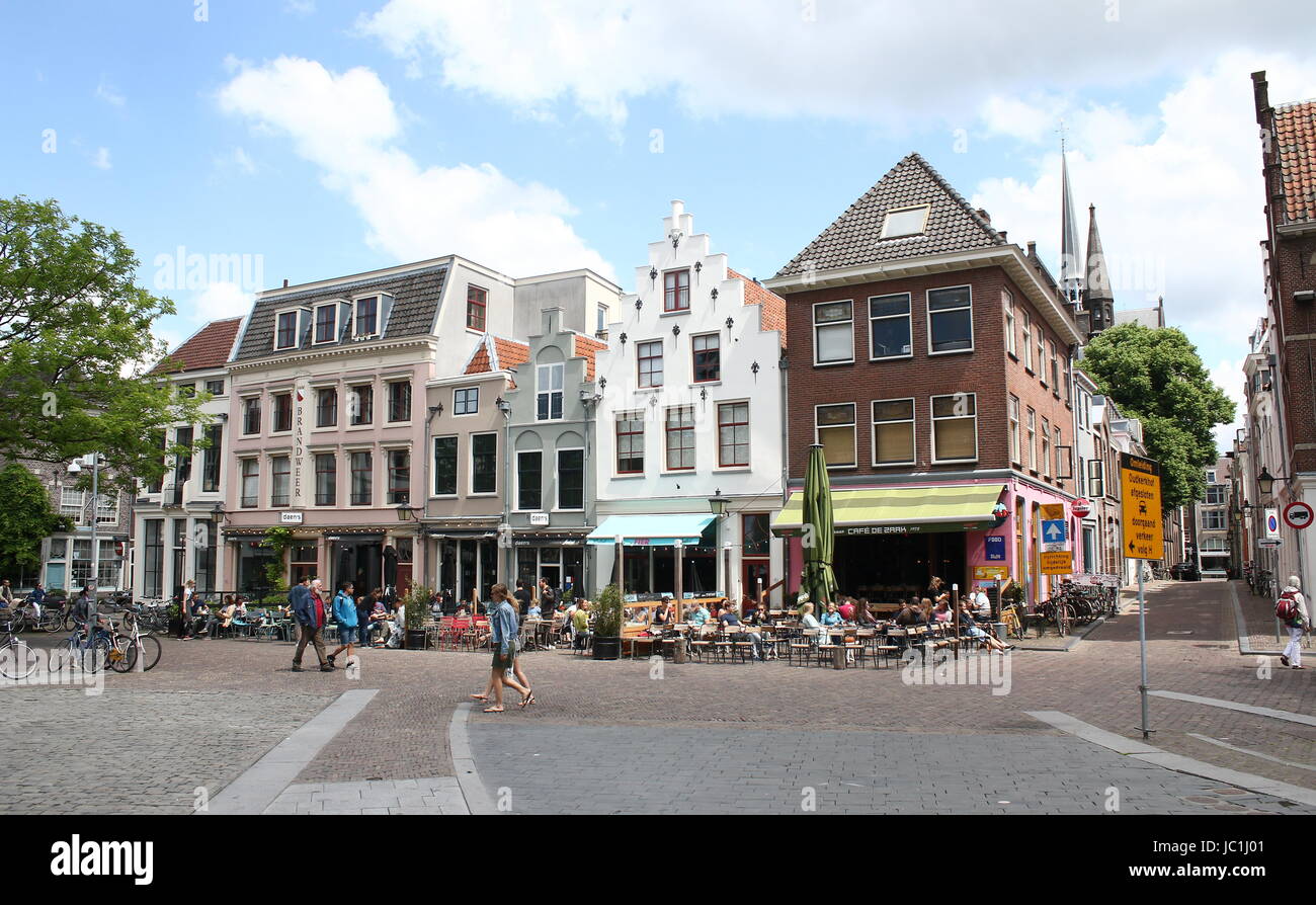 Busy terraces in summer in Utrecht. Medieval square at Ganzenmarkt and ...