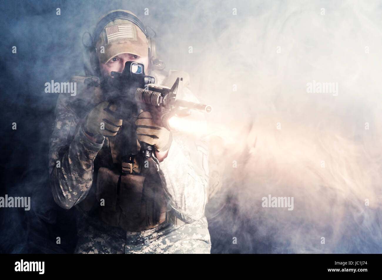 The attacking troops through the smoke after the explosion Stock Photo ...