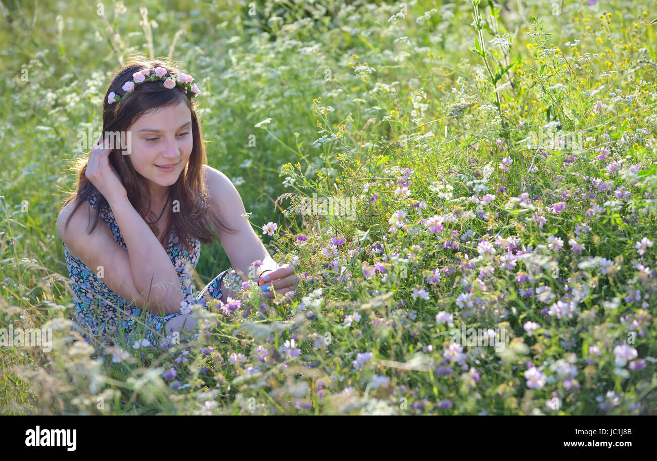 Girl in summer field with flowers in hair Stock Photo - Alamy
