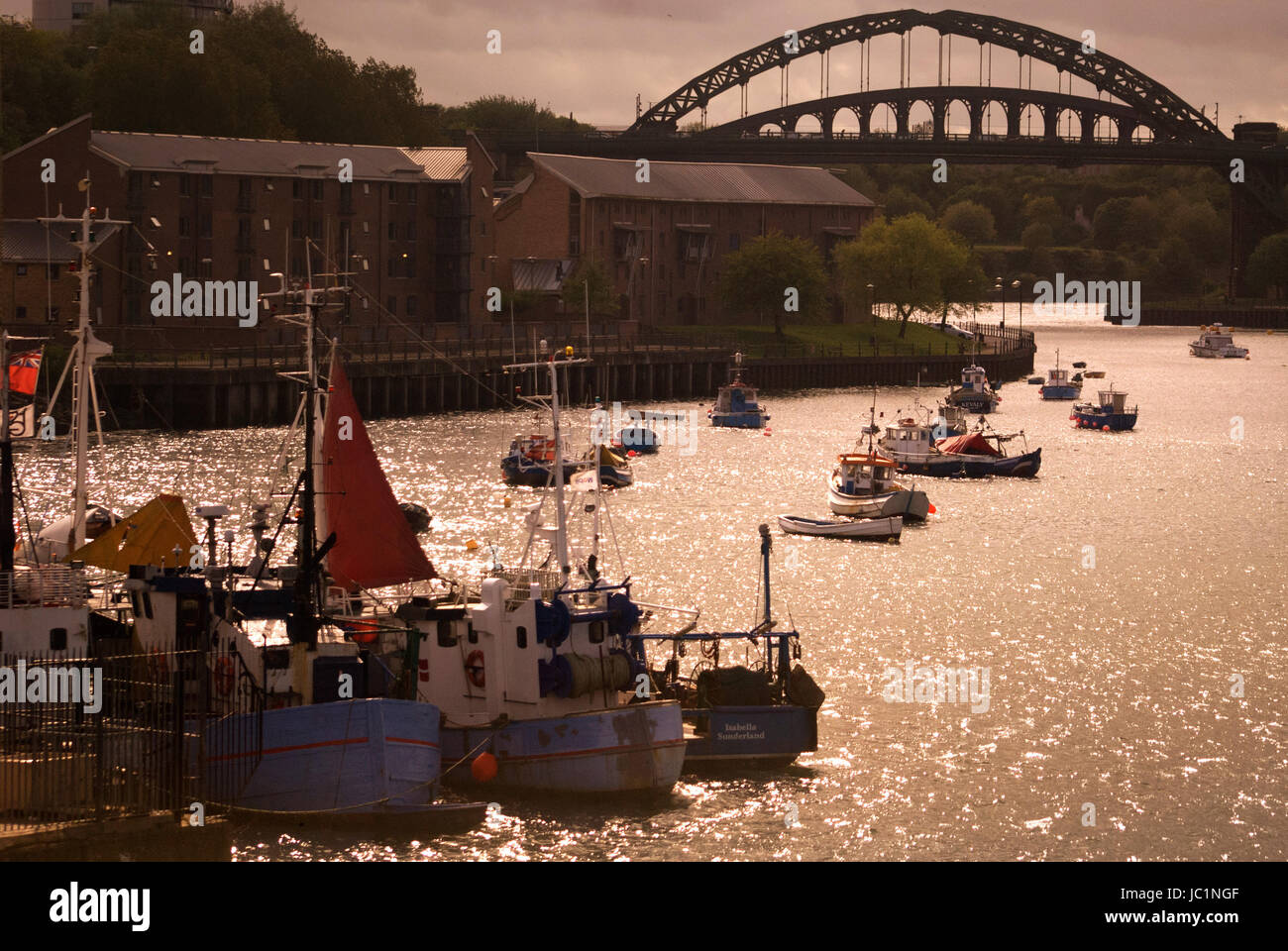 Fishing boats on the River Wear at Sunderland,Wearmouth Bridge in the ...