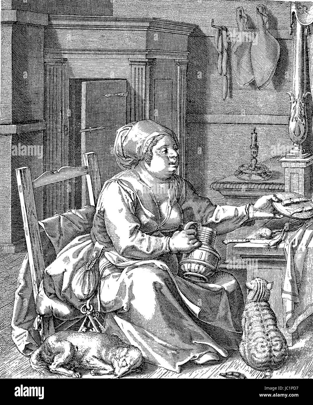 Opulence, fat peasant woman in her room, with dog and cat, engraving ...