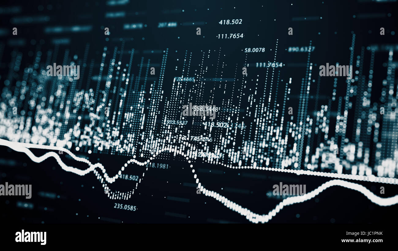Abstract background with growing charts and flowing counters of numbers ...