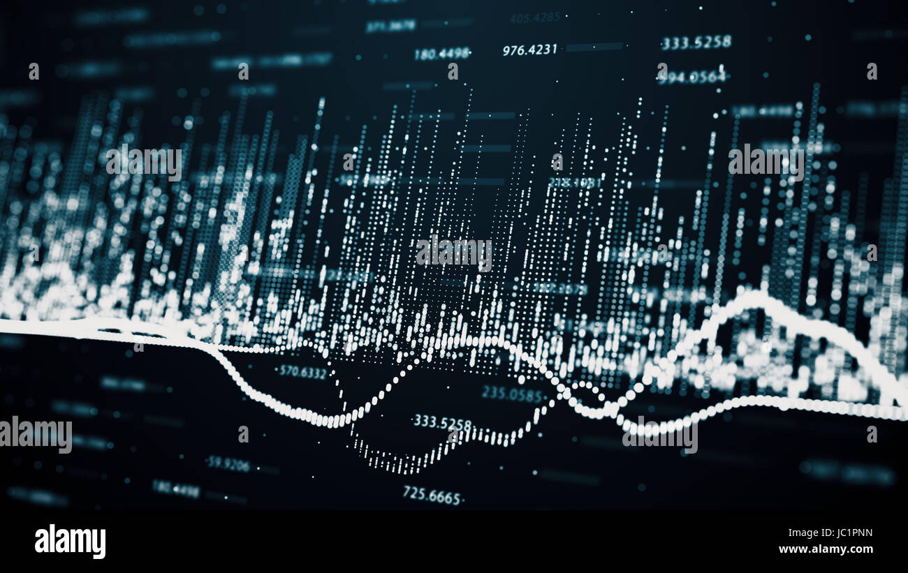 Abstract background with growing charts and flowing counters of numbers ...
