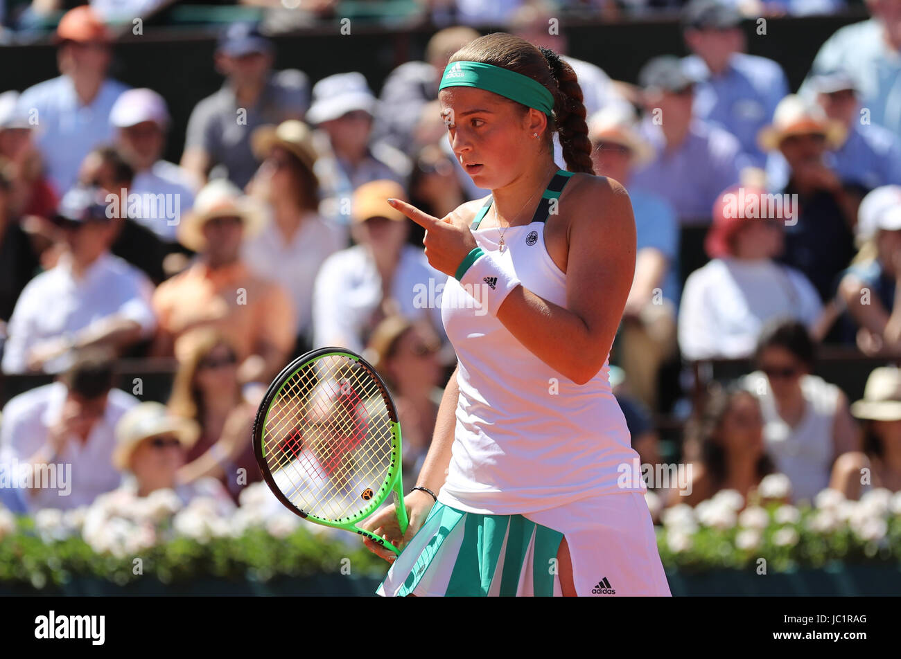 Latvian tennis player Jelena Ostapenko is in action during her match in ...
