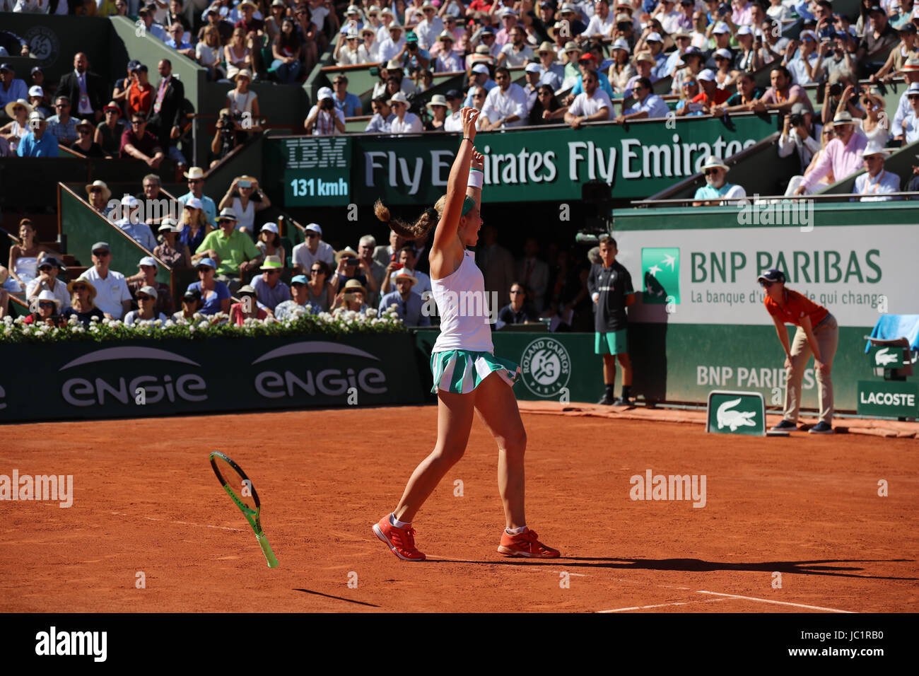 Latvian tennis player Jelena Ostapenko is showing her joy after her ...