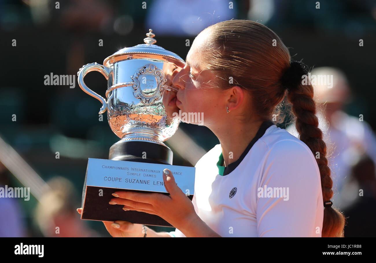 Latvian tennis player Jelena Ostapenko is holding her trophy after her ...