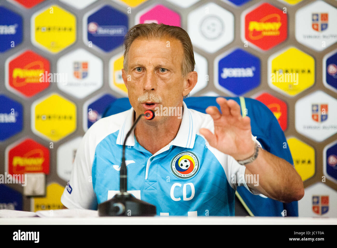 Christoph Daum, Romanian national football team head coach speaks at a ...