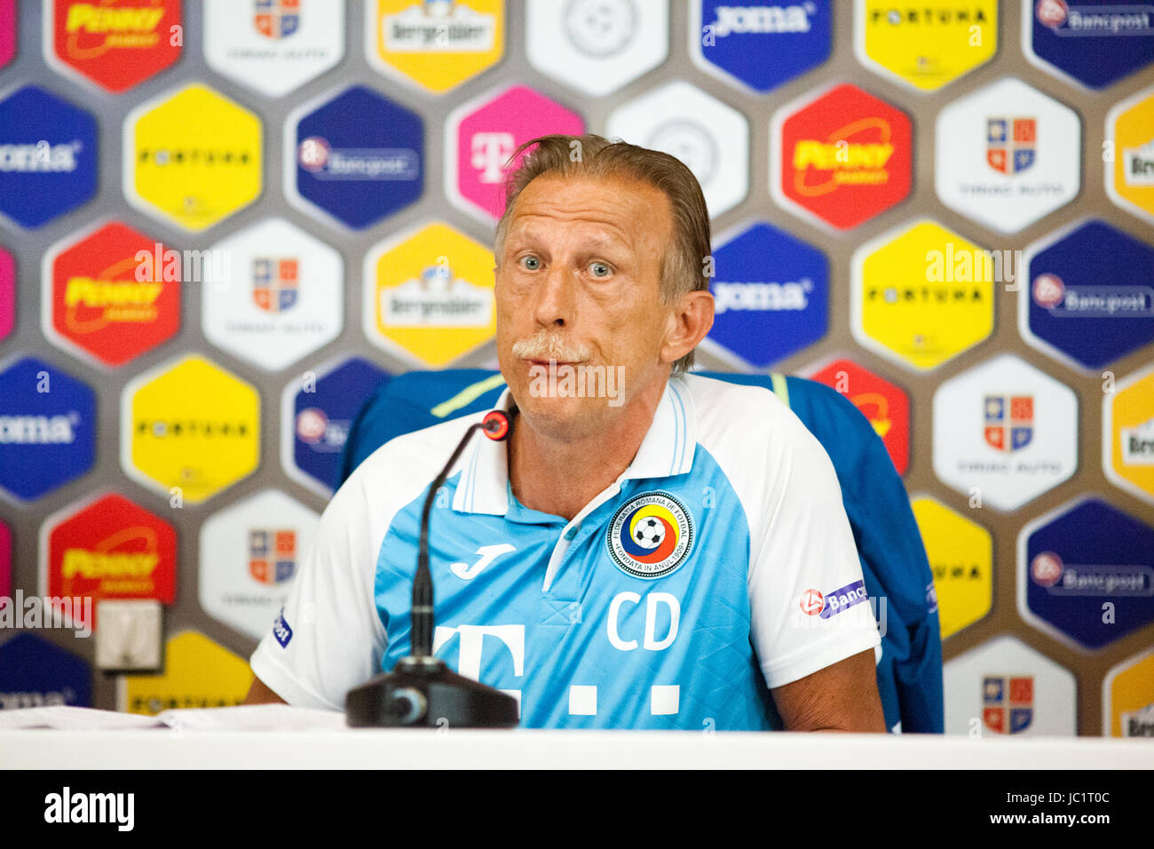 Christoph Daum, Romanian national football team head coach speaks at a ...