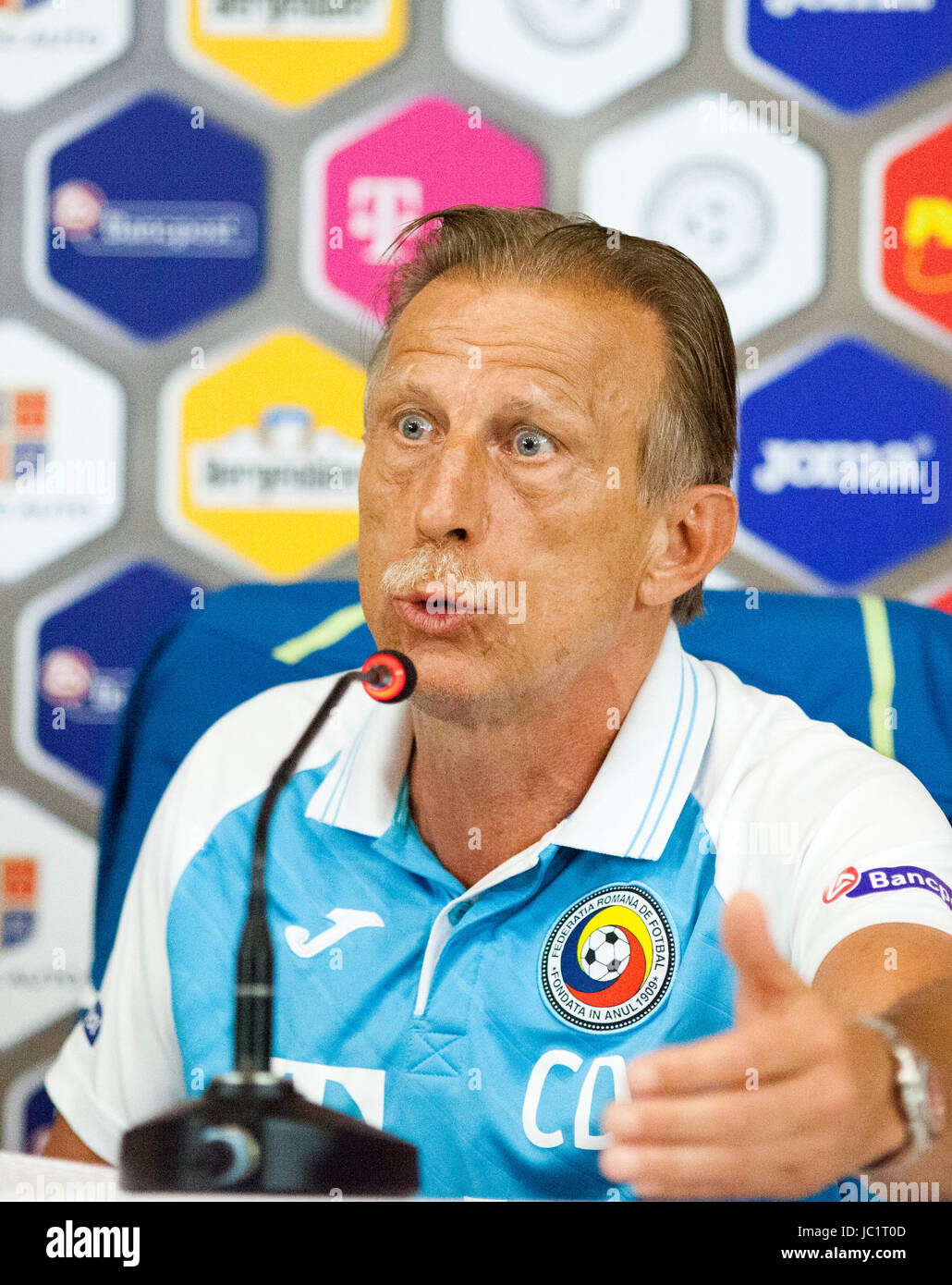 Christoph Daum, Romanian national football team head coach speaks at a ...