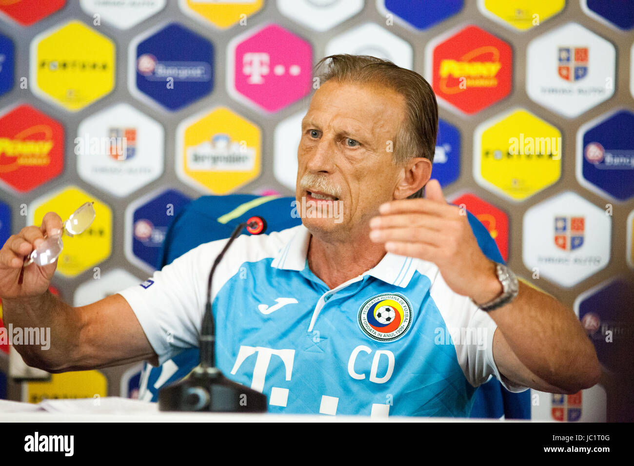 Christoph Daum, Romanian national football team head coach speaks at a ...