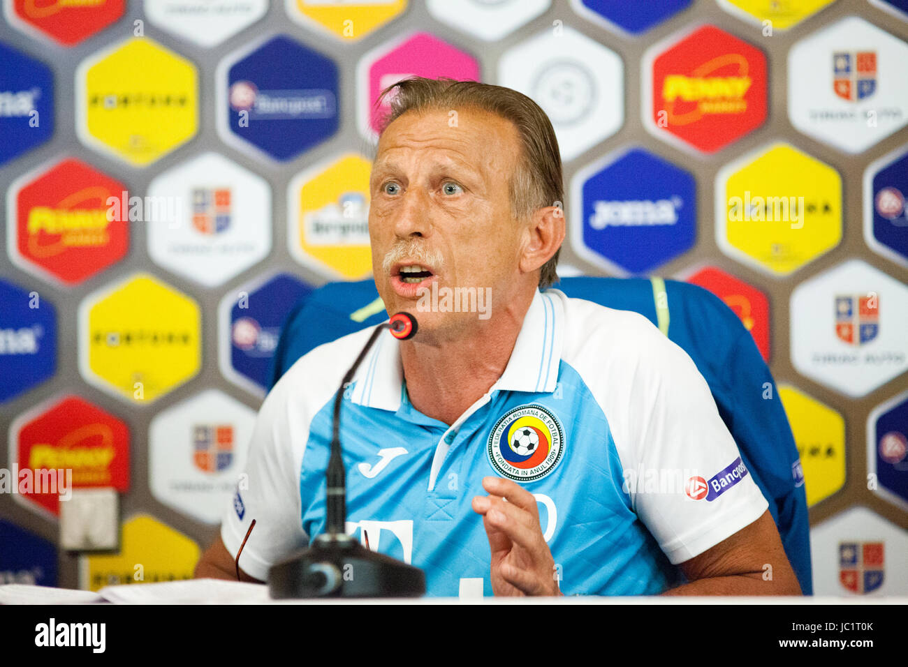 Christoph Daum, Romanian national football team head coach speaks at a ...
