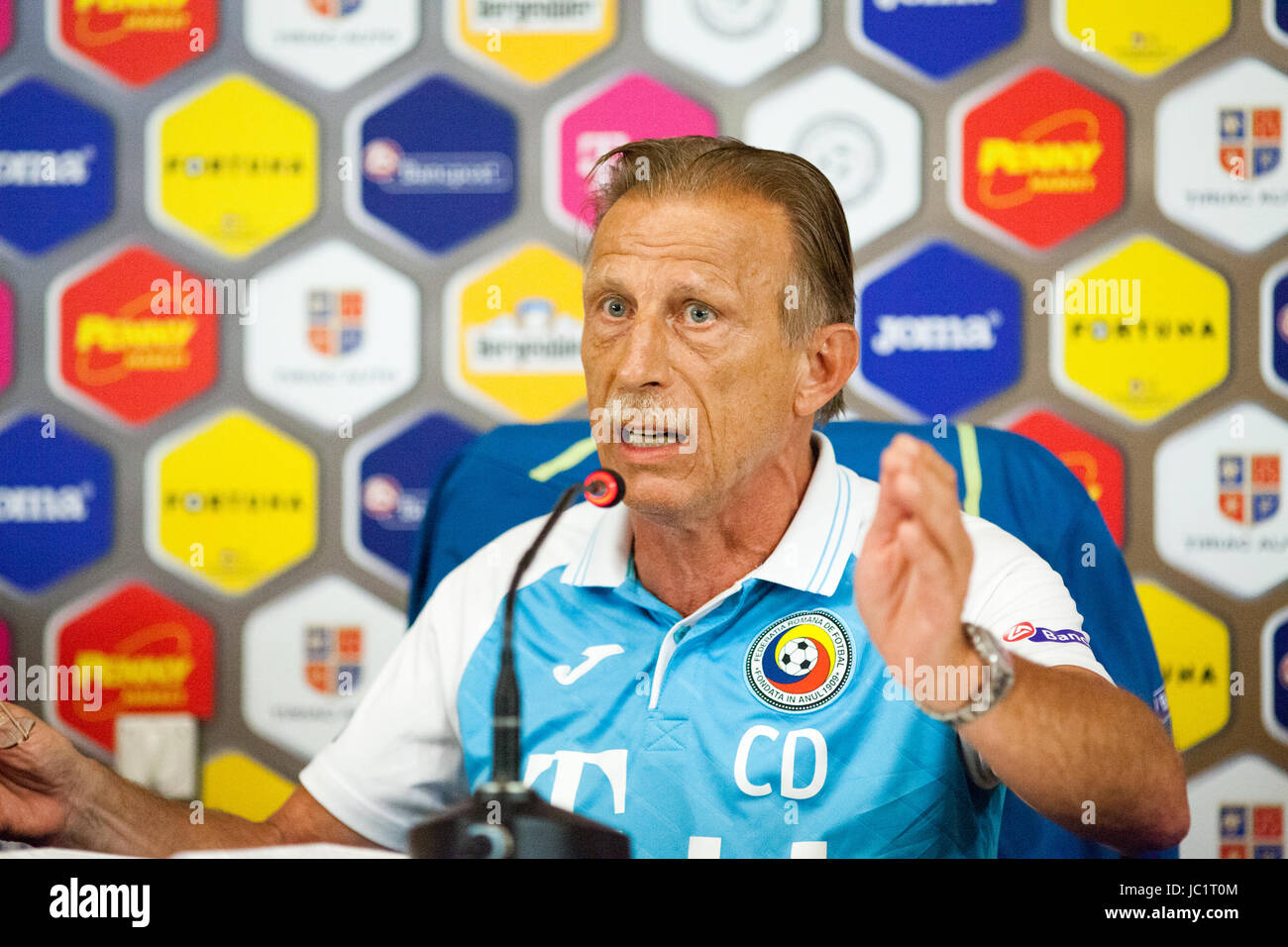 Christoph Daum, Romanian national football team head coach speaks at a ...