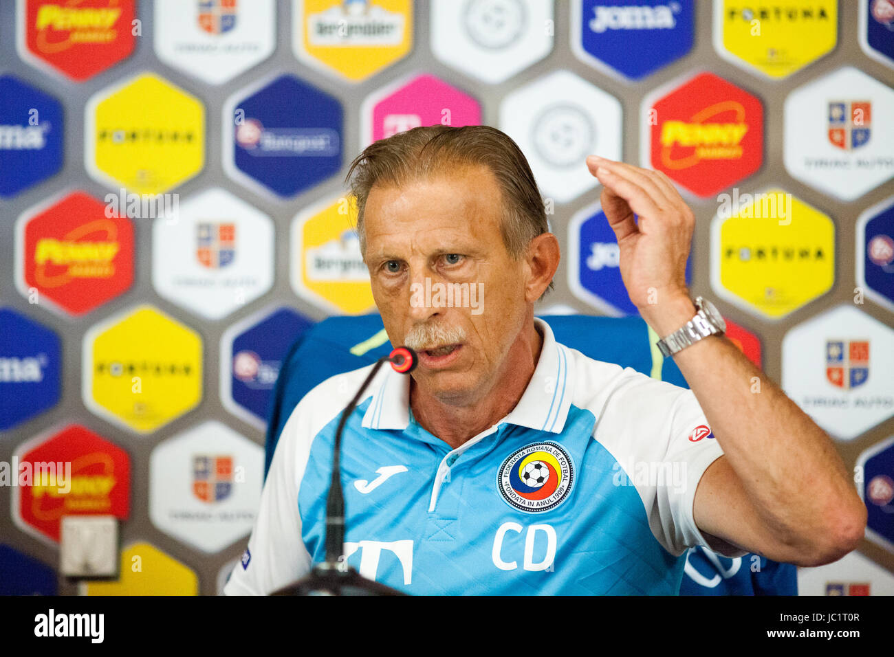 Christoph Daum, Romanian national football team head coach speaks at a ...