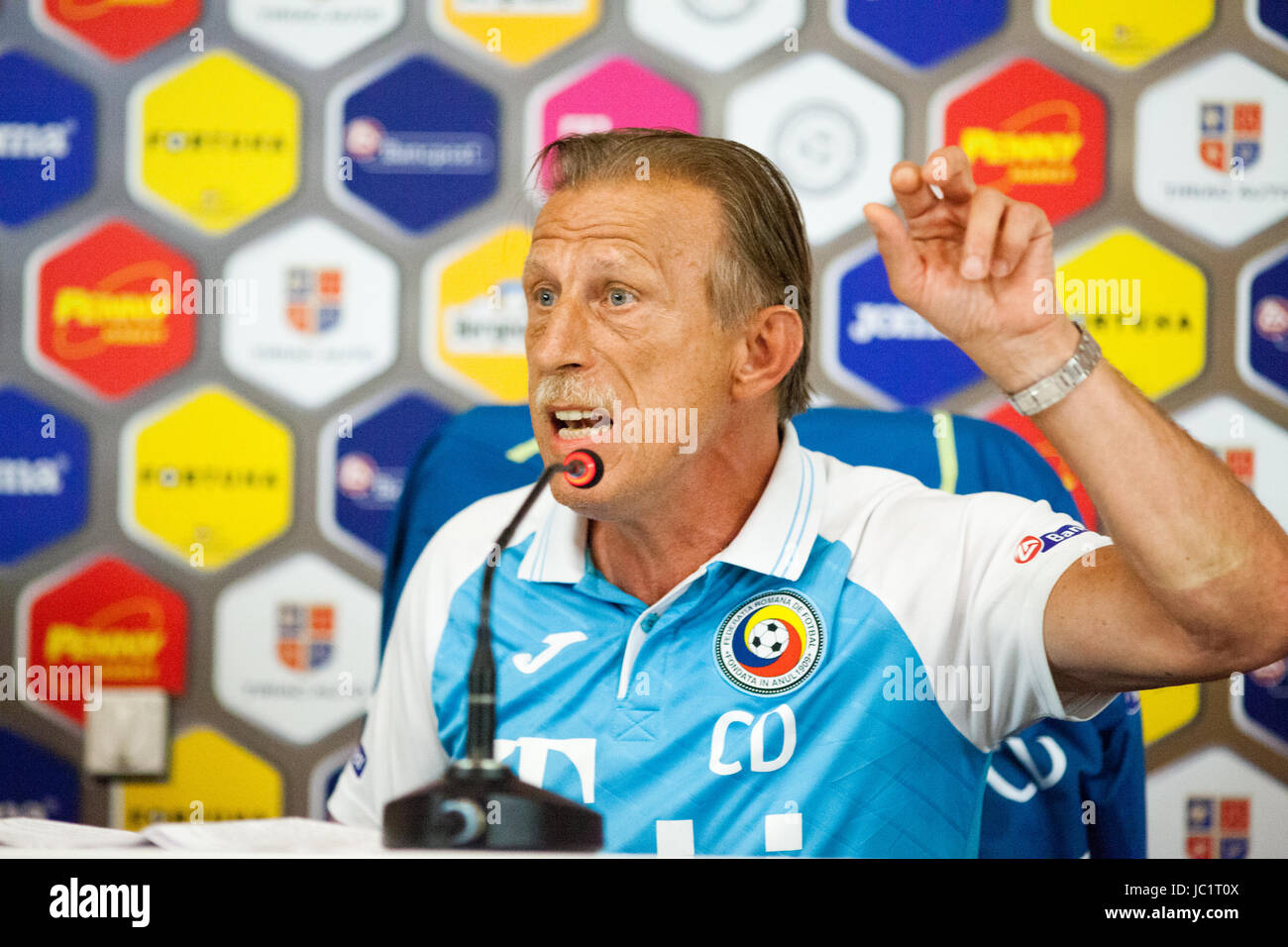 Christoph Daum, Romanian national football team head coach speaks at a ...