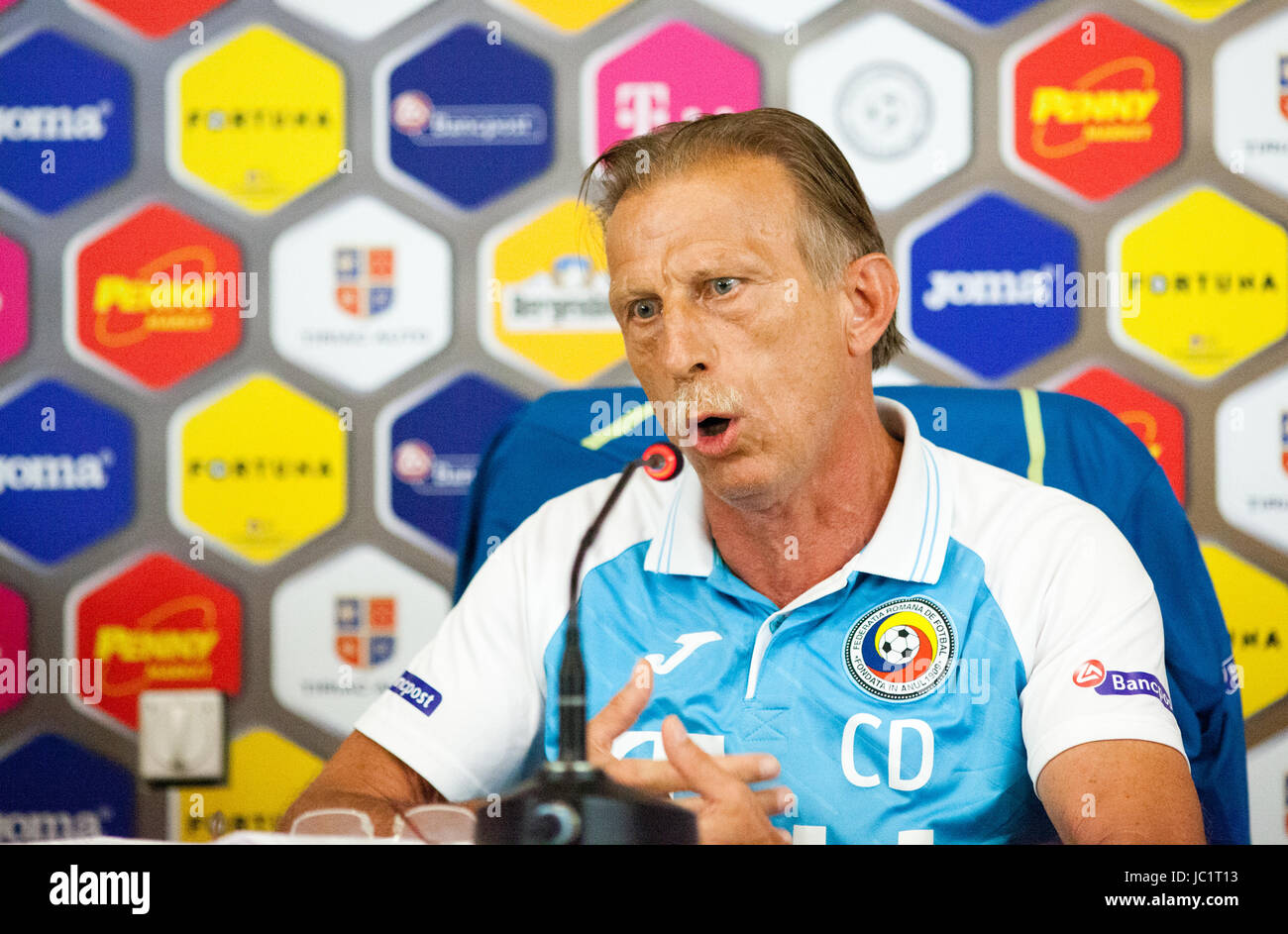 Christoph Daum, Romanian national football team head coach speaks at a ...