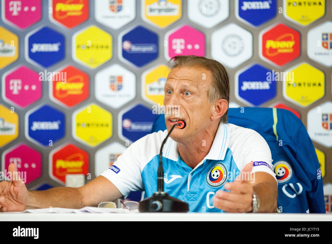 Christoph Daum, Romanian national football team head coach speaks at a ...