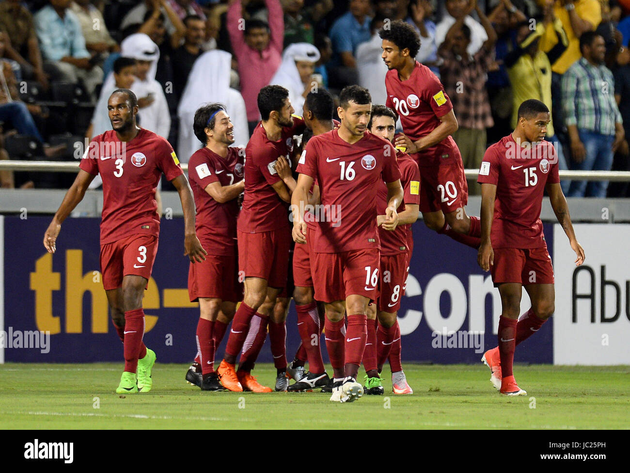 Doha, Qatar. 13th June, 2017. Players of Qatar celebrate after scoring ...