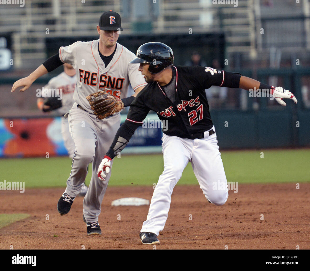 Usa. 13th June, 2017. SPORTS -- The Isotopes' Noel Cuevas, 27, gets ...