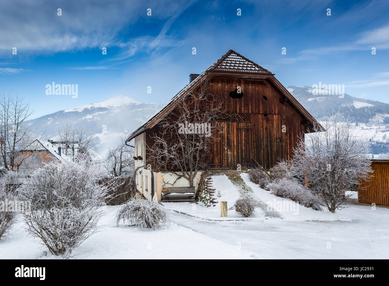 Old wooden barn covered by snow in Austrian Alps Stock Photo - Alamy