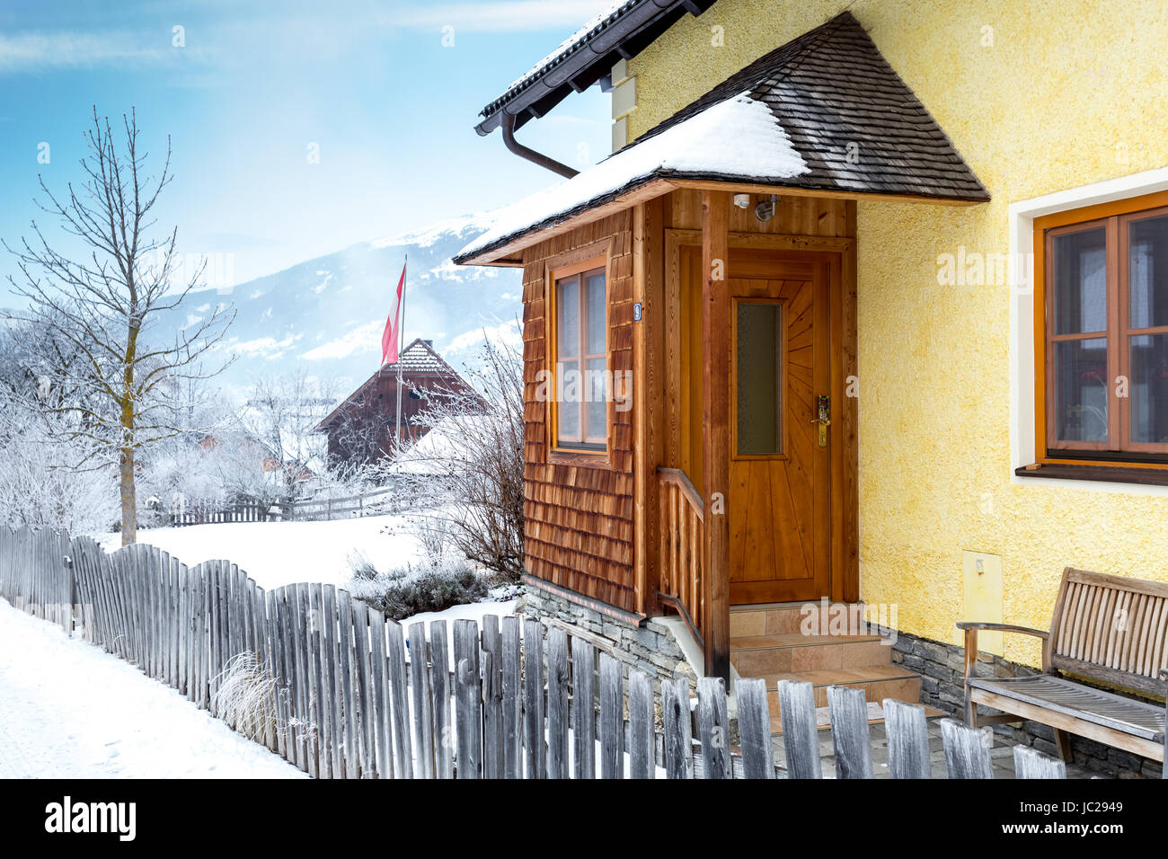 Beautiful wooden porch covered by snow in Austrian Alps Stock Photo - Alamy