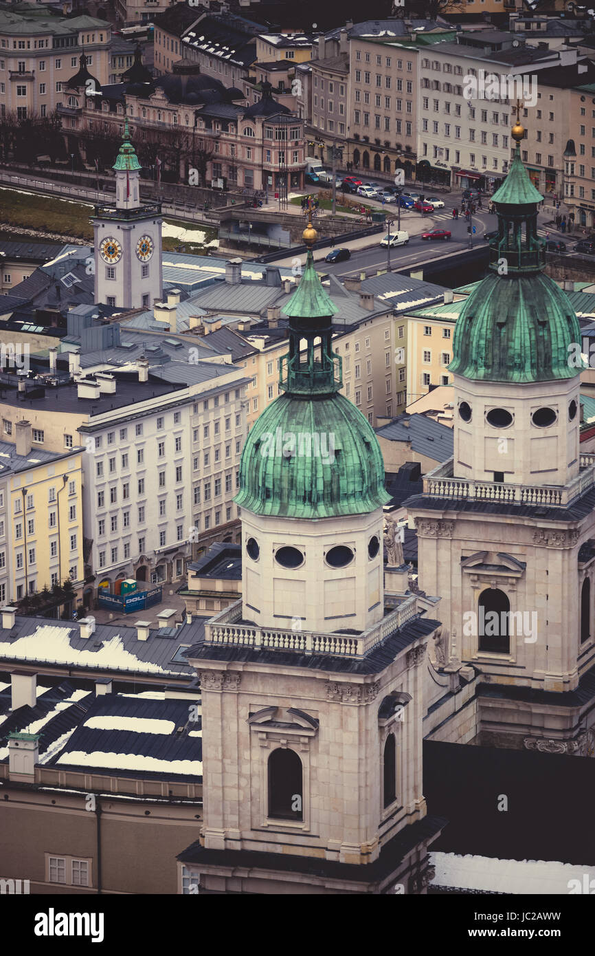 View from high point on old roofs of city Salzburg, Austria Stock Photo ...
