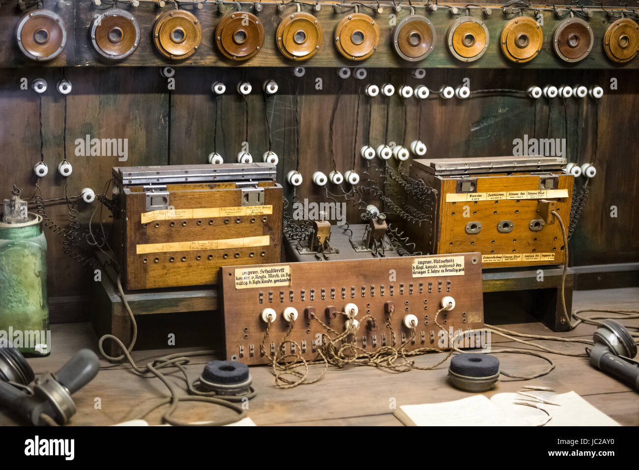 Closeup photo of old military radio with complicated wire connections ...
